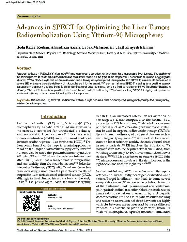 (PDF) Advances in SPECT for Optimizing the Liver Tumors Radioembolization Using Yttrium-90 ...