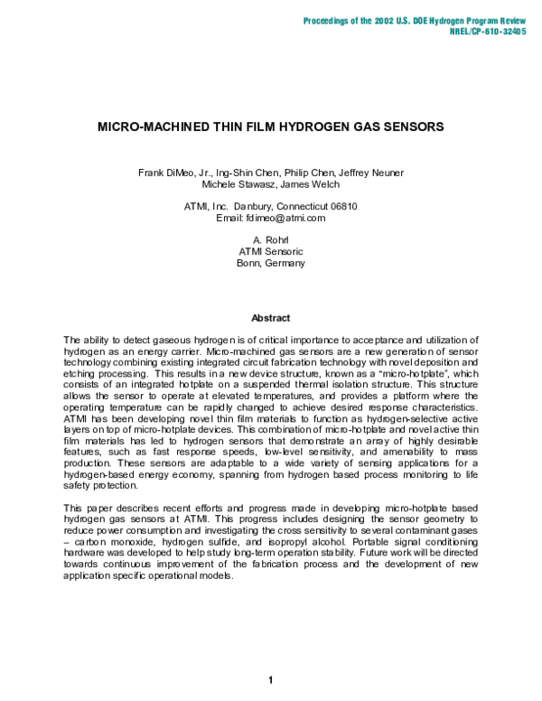 (PDF) Micro-machined thin film hydrogen gas sensors