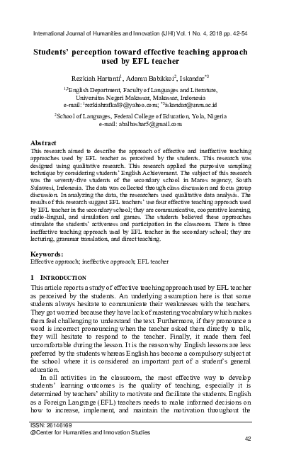 (PDF) Students’ perception toward effective teaching approach used by EFL teacher