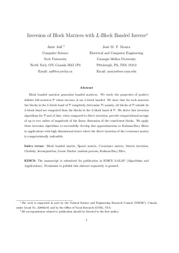 (PDF) Inversion of block matrices with L-block banded inverse