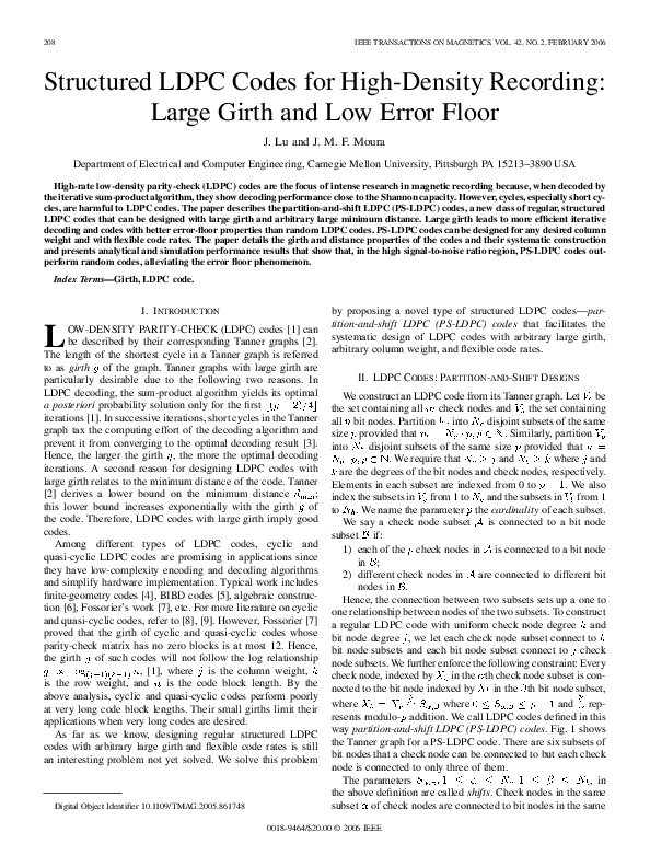(PDF) Structured LDPC codes for high-density recording: large girth and ...
