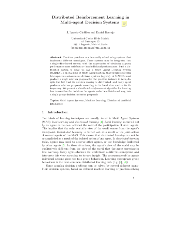 (PDF) Distributed Reinforcement Learning in Multi-agent Decision Systems