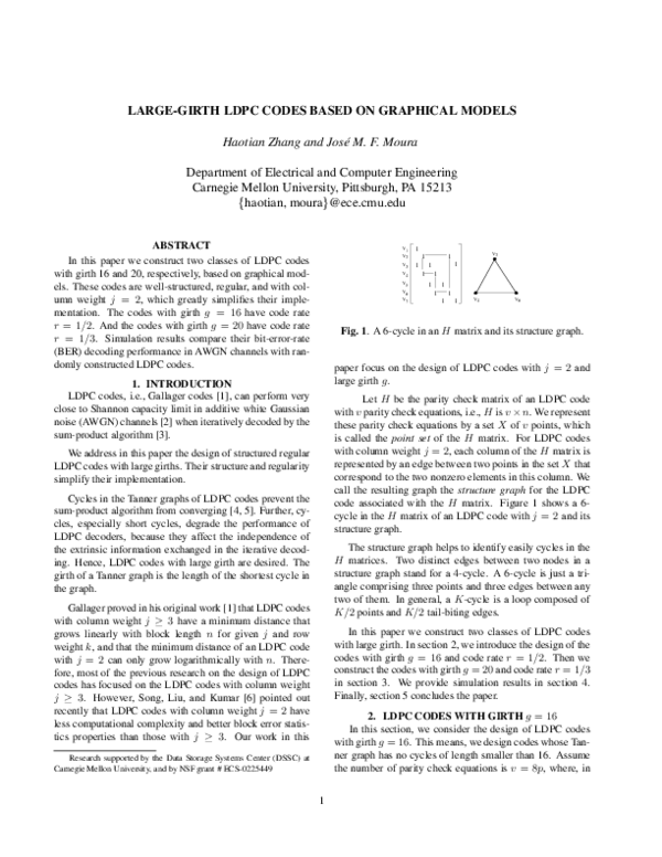 Pdf Large Girth Ldpc Codes Based On Graphical Models Jose Moura 