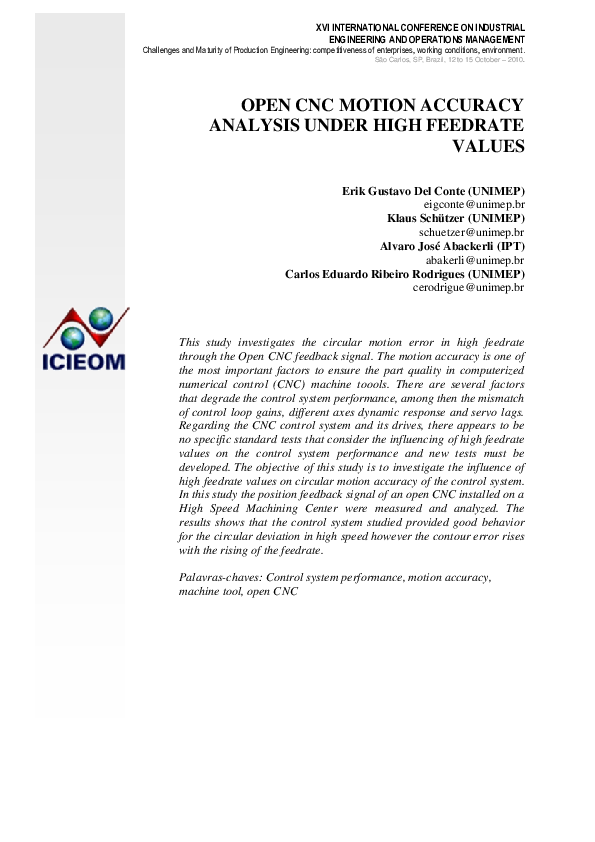 (PDF) CNC Motion Accuracy Analysis Under High Feedrate Values