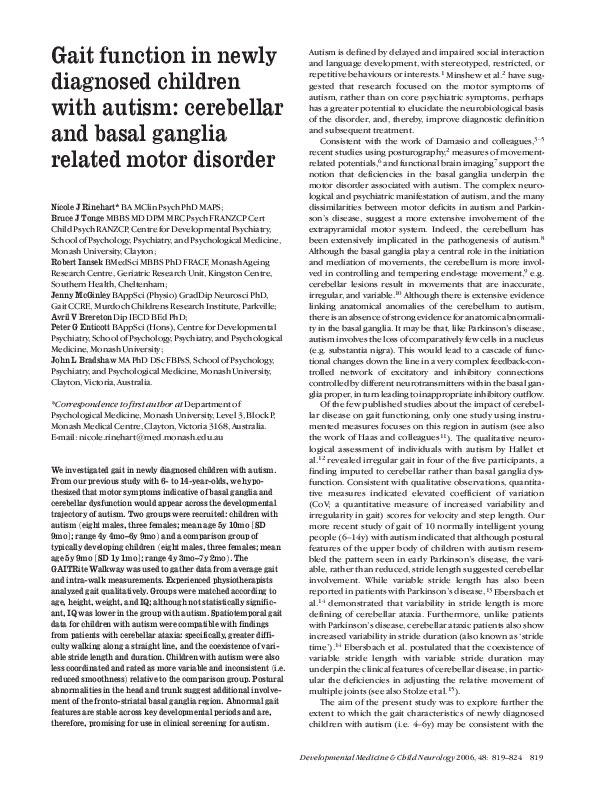 (PDF) Gait function in newly diagnosed children with autism: cerebellar ...