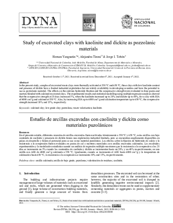 (PDF) Study of excavated clays with kaolinite and dickite as pozzolanic ...