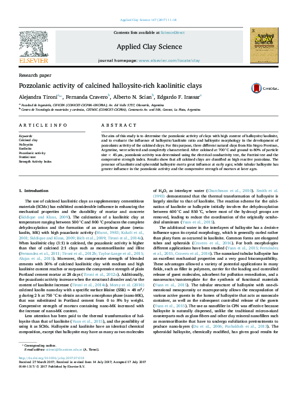 (PDF) Pozzolanic activity of calcined halloysite-rich kaolinitic clays