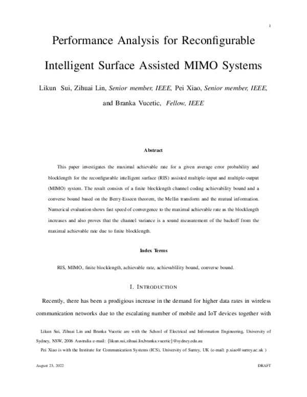 (PDF) Performance Analysis for Reconfigurable Intelligent Surface Assisted MIMO Systems