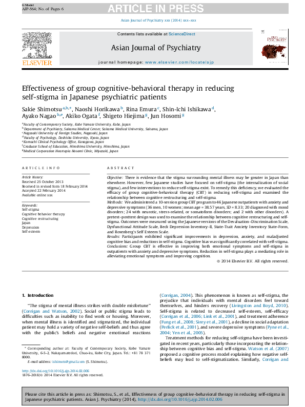 (PDF) Effectiveness of group cognitive-behavioral therapy in reducing self-stigma in Japanese ...