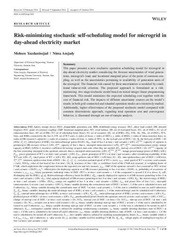 (PDF) Risk-minimizing stochastic self-scheduling model for microgrid in day-ahead electricity market