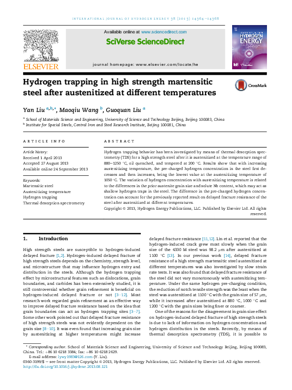 (PDF) Hydrogen trapping in high strength martensitic steel after austenitized at different ...