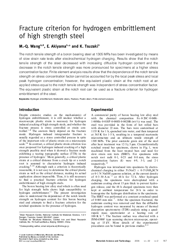 (PDF) Fracture criterion for hydrogen embrittlement of high strength steel