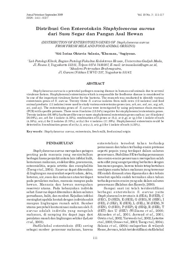 (PDF) Distribusi Gen Enterotoksin Staphylococcus aureus dari Susu Segar ...