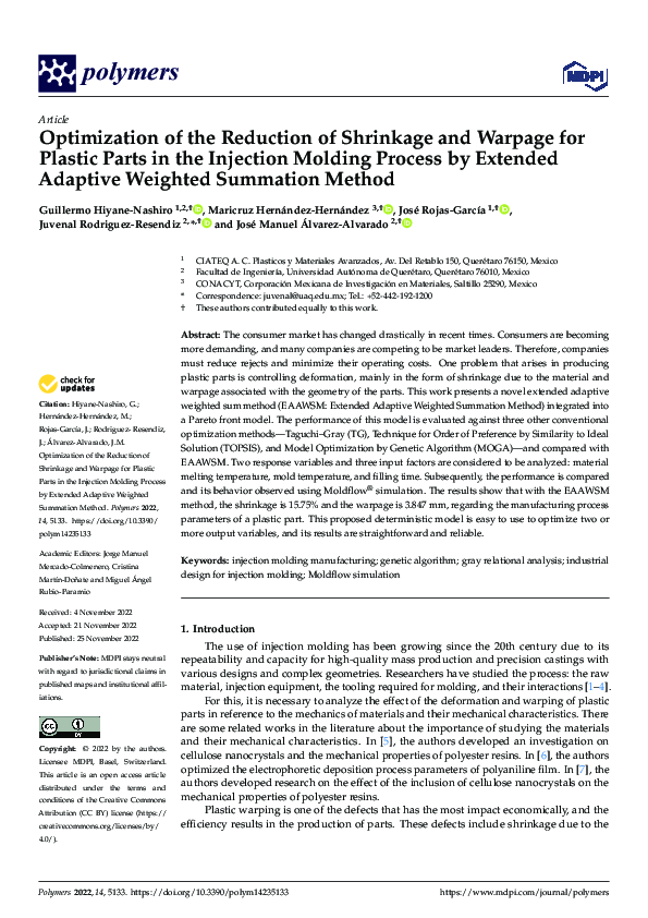 Pdf Optimization Of The Reduction Of Shrinkage And Warpage For Plastic Parts In The Injection