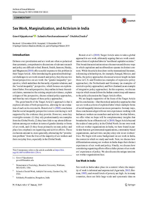 Pdf Sex Work Marginalization And Activism In India