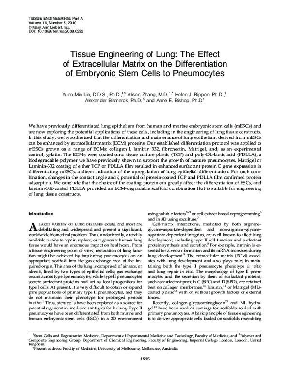 (PDF) Tissue Engineering of Lung: The Effect of Extracellular Matrix on the Differentiation of ...
