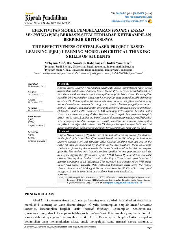(PDF) Efektivitas Model Pembelajaran Project Based Learning (PJBL) Berbasis Stemterhadap ...