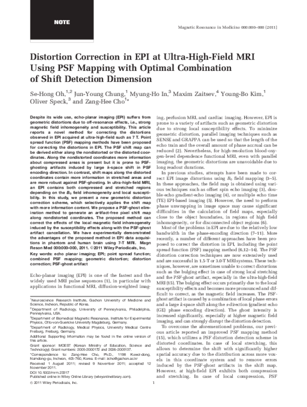 (PDF) Distortion correction in EPI at ultra-high-field MRI using PSF mapping with optimal ...