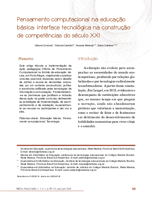 (PDF) Pensamento computacional na educação básica: interface ...