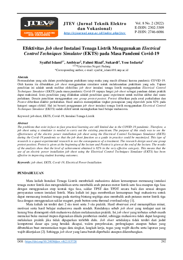 (PDF) Efektivitas Job sheet Instalasi Tenaga Listrik Menggunakan Electrical Control Techniques ...