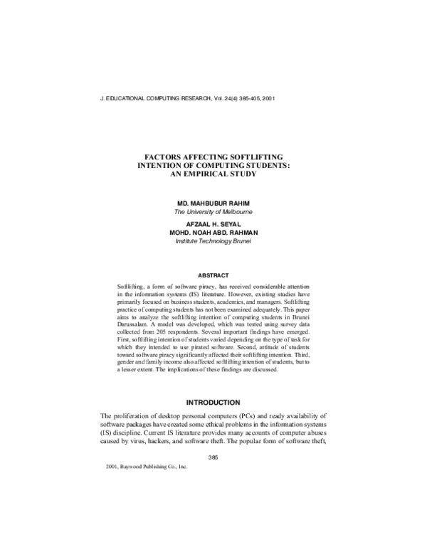 (PDF) Factors Affecting Softlifting Intention of Computing Students: An ...