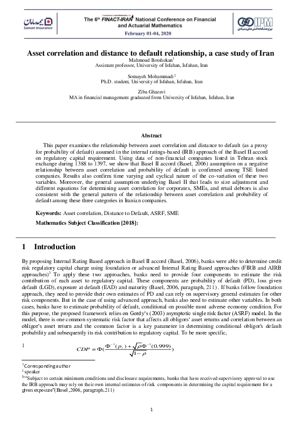 (PDF) Asset correlation and distance to default relationship, a case study of Iran