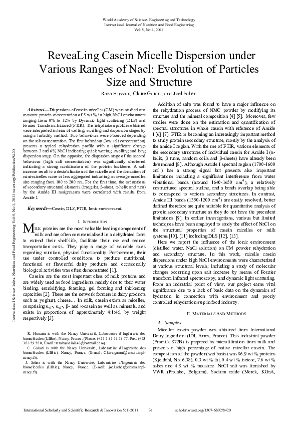 (PDF) Revea Ling Casein Micelle Dispersion Under Various Ranges Of Nacl ...