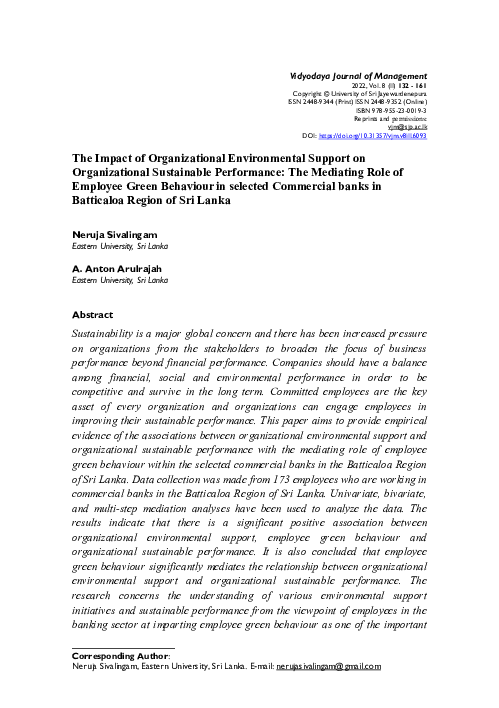 (PDF) The Impact of Organizational Environmental Support on Organizational Sustainable ...