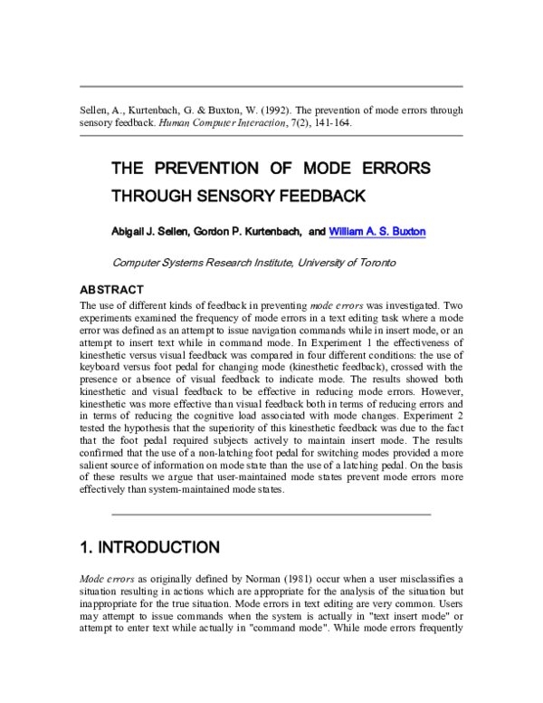(PDF) The Prevention of Mode Errors Through Sensory Feedback | Bill Buxton - Academia.edu