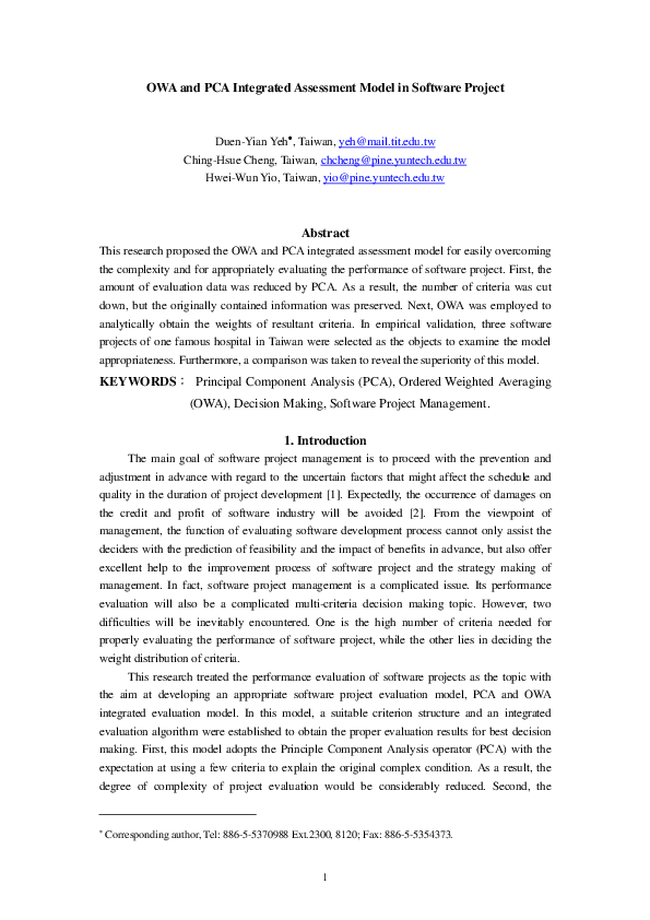 (PDF) OWA and PCA Integrated Assessment Model in Software Project