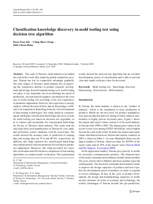 (PDF) Classification knowledge discovery in mold tooling test using ... (PDF) Classification knowledge discovery in mold tooling test using ...