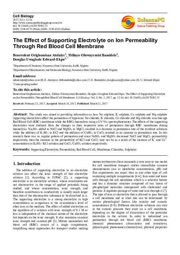 (PDF) The Effect of Supporting Electrolyte on Ion Permeability Through ...