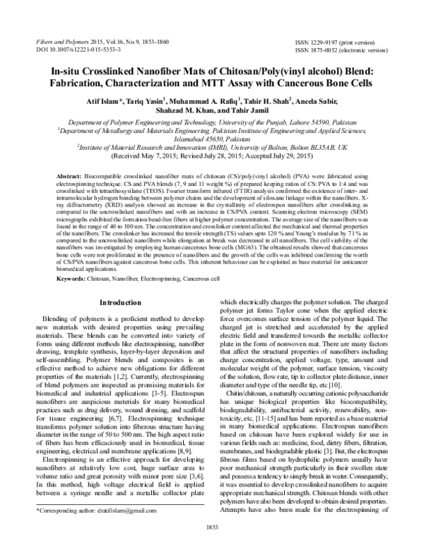 (PDF) In-situ crosslinked nanofiber mats of chitosan/poly(vinyl alcohol) blend: Fabrication ...