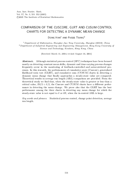 (PDF) Comparison of the cuscore, GLRT and cusum control charts for detecting a dynamic mean ...