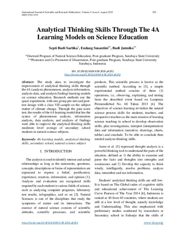 (PDF) Analytical Thinking Skills Through The 4A Learning Models on Science Education