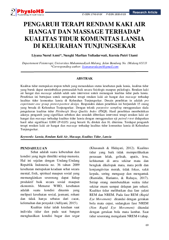 (PDF) Pengaruh Terapi Rendam Kaki Air Hangat Dan Massage Terhadap Kualitas Tidur Komunitas ...