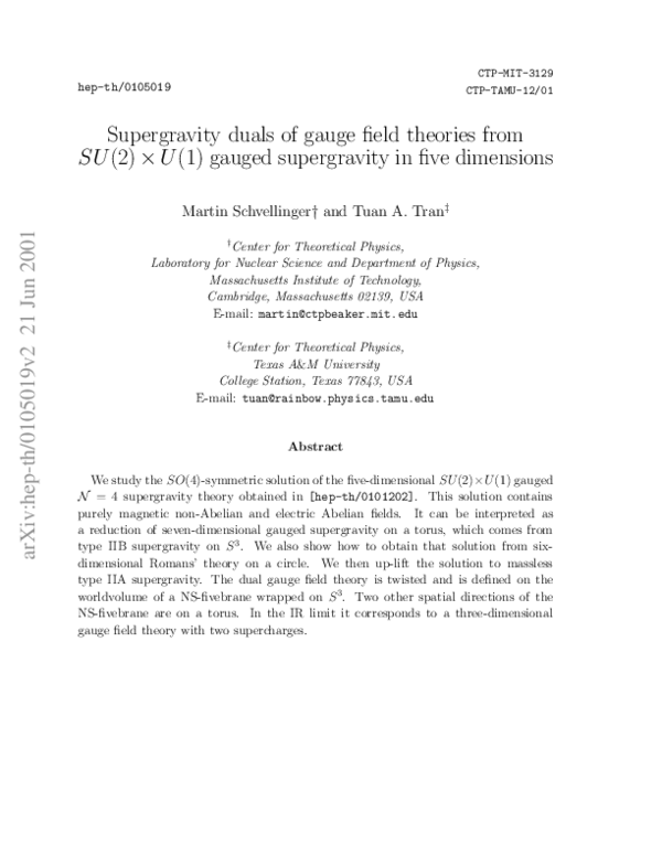 (PDF) Supergravity duals of gauge field theories from SU(2) × U(1) gauged supergravity in five ...