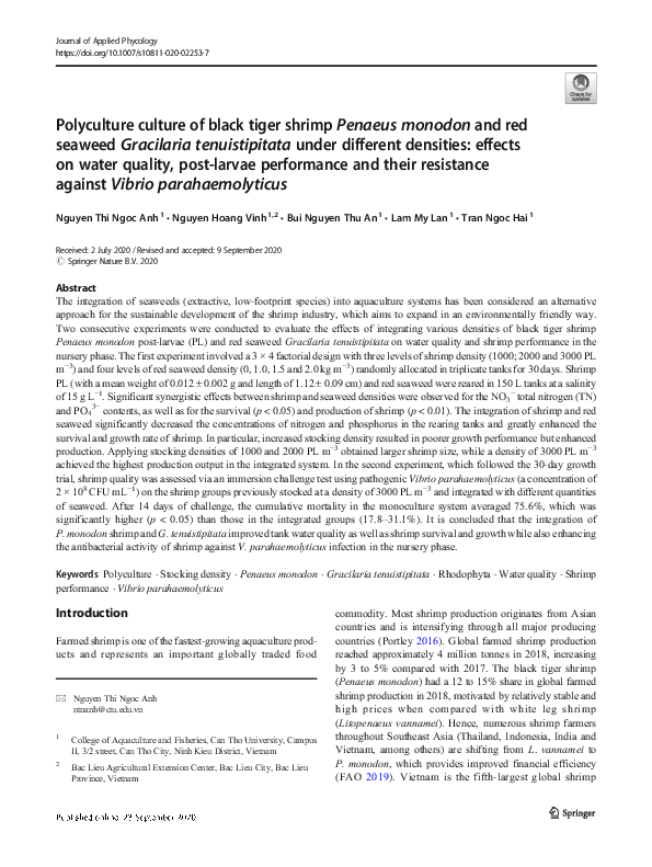 (PDF) Polyculture culture of black tiger shrimp Penaeus monodon and red seaweed Gracilaria ...