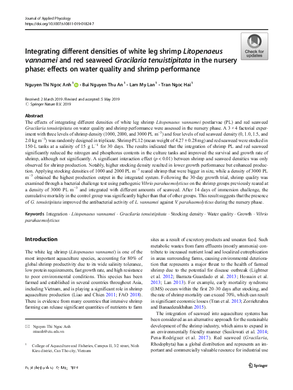 (PDF) Integrating different densities of white leg shrimp Litopenaeus vannamei and red seaweed ...