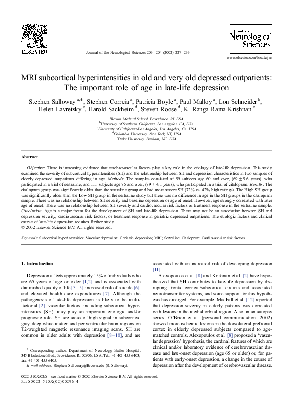 (PDF) MRI subcortical hyperintensities in old and very old depressed ...