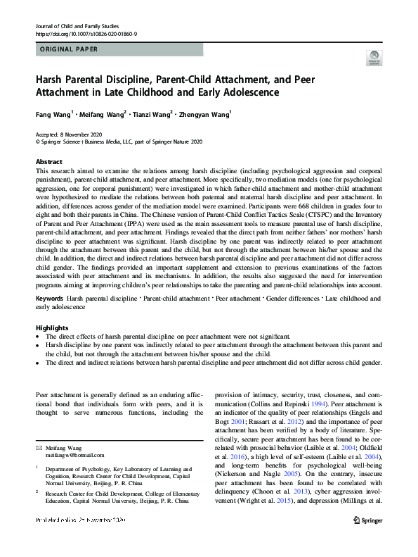 (PDF) Harsh Parental Discipline, Parent-Child Attachment, and Peer ...