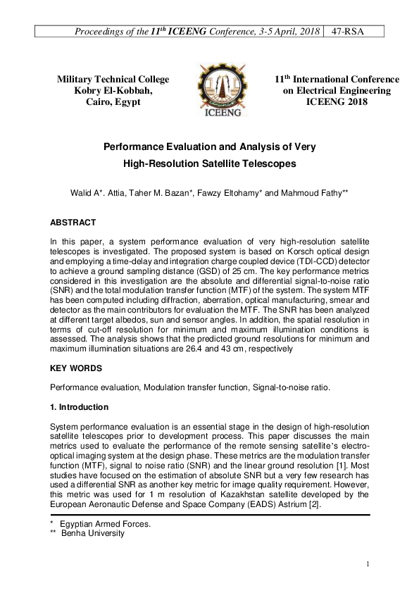 (PDF) Performance Evaluation and Analysis of Very High-Resolution Satellite Telescopes