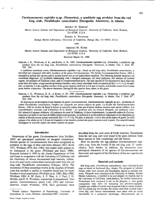 (PDF) Carcinonemertes regicides n.sp. (Nemertea), a symbiotic egg ...