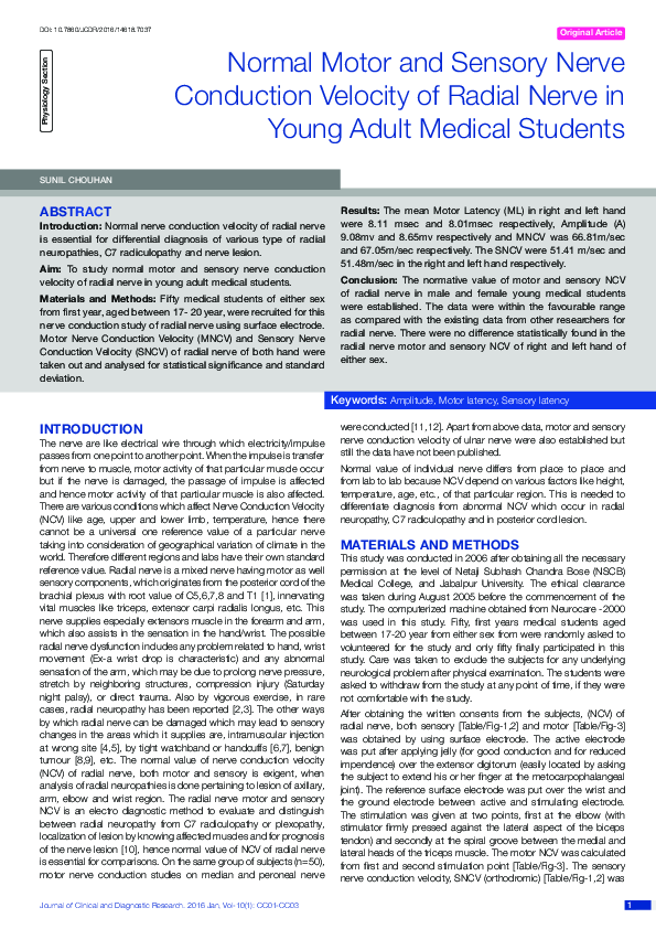(PDF) Normal Motor and Sensory Nerve Conduction Velocity of Radial ...