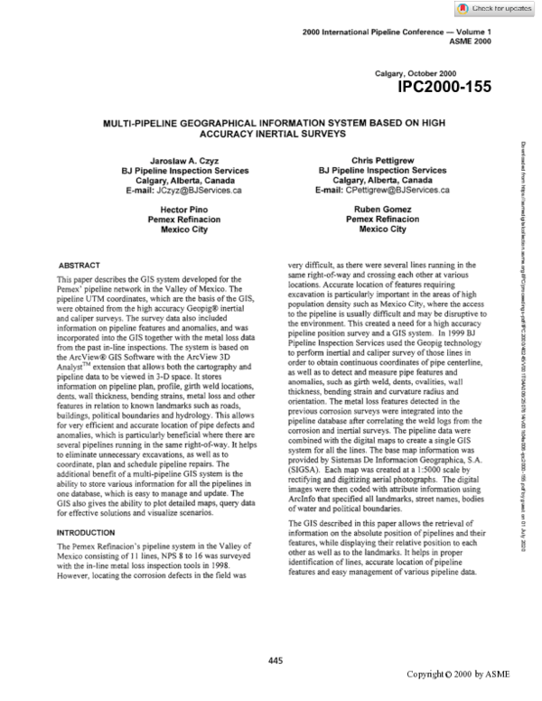 (PDF) Multi-Pipeline Geographical Information System Based on High Accuracy Inertial Surveys