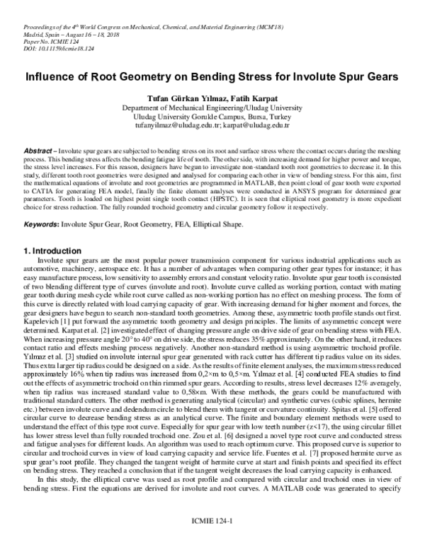 (PDF) Influence of Root Geometry on Bending Stress for Involute Spur Gears