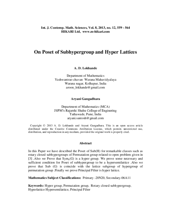 (PDF) On poset of subhypergroup and hyper lattices