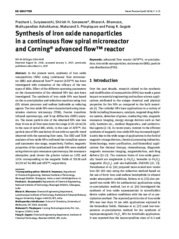 (PDF) Synthesis of iron oxide nanoparticles in a continuous flow spiral microreactor and Corning ...