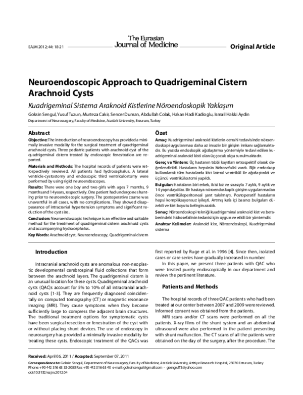 (PDF) Neuroendoscopic Approach to Quadrigeminal Cistern Arachnoid Cysts