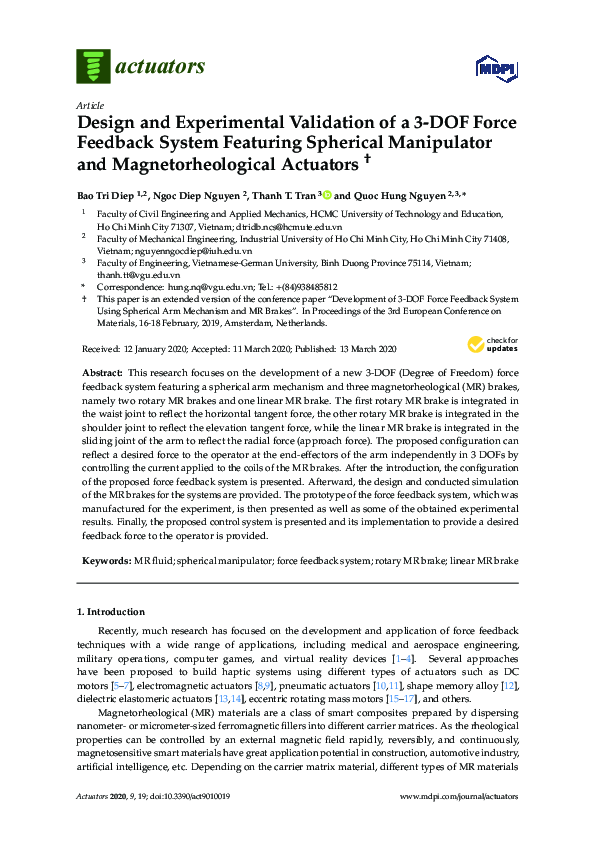 (PDF) Design and Experimental Validation of a 3-DOF Force Feedback System Featuring Spherical ...